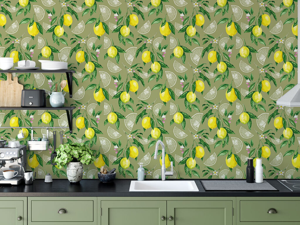Bespoke Wallpaper with Watercolor Lemons. Custom printed.