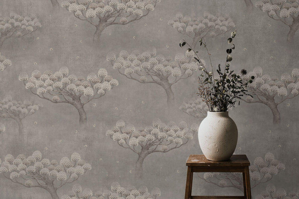 Foggy forest photo wallpaper. Misty view on treetops photo mural