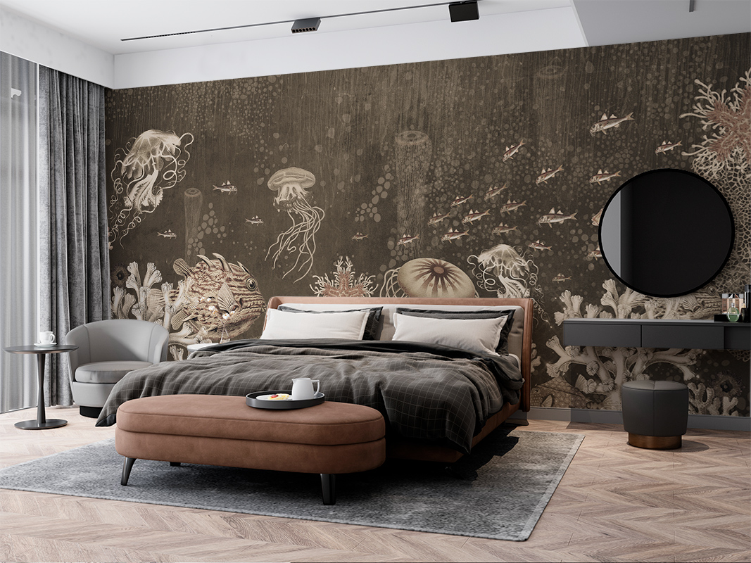 Inspiring sepia beige designer sea mural with sealife and corals