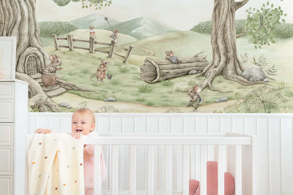 Kids wallpaper with joyful mouse family. Non-woven wallpapers