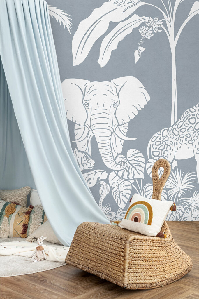 Monochrome Jungle – Light Blue Wall Mural for Boys Feature Wall
